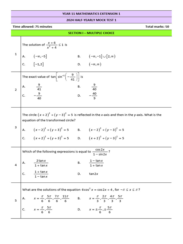 Term 2 Mock Test 1 New Pdf Function Mathematics Equations