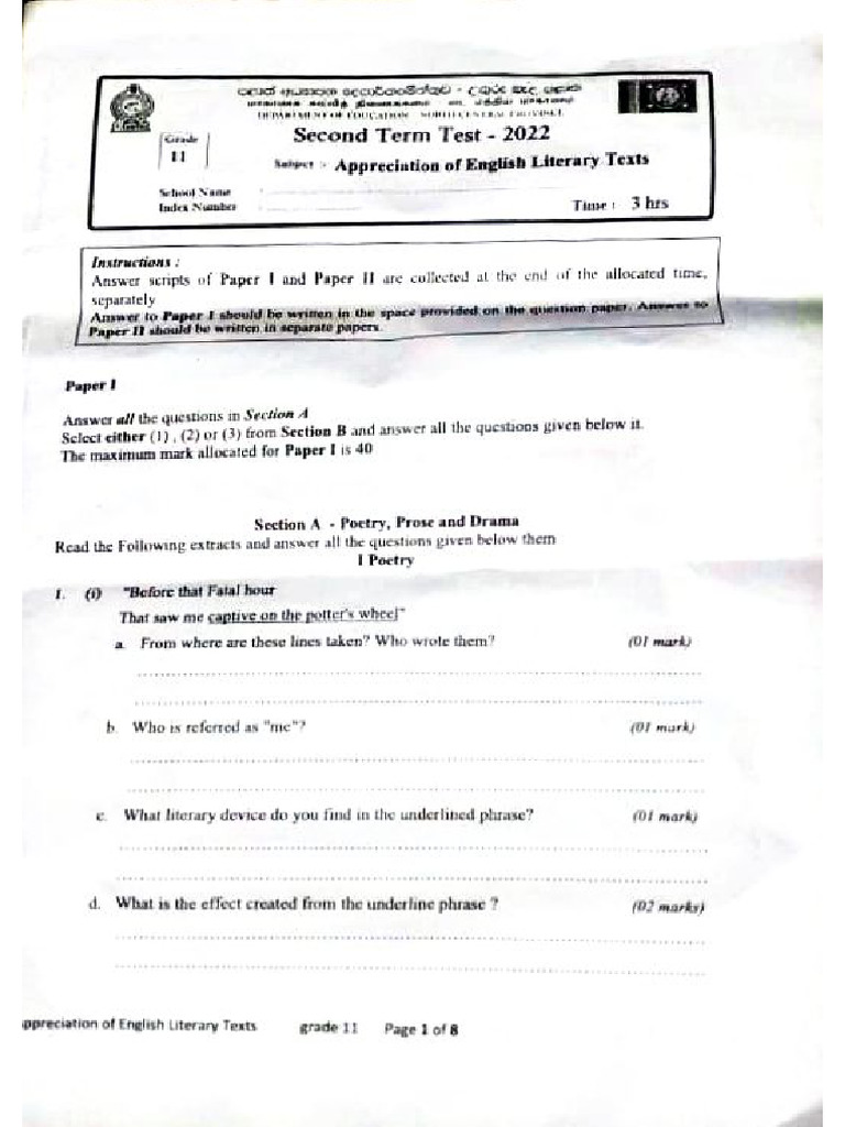 Grade 11 Appreciation of English Literary Texts 2nd Term Test Paper ...