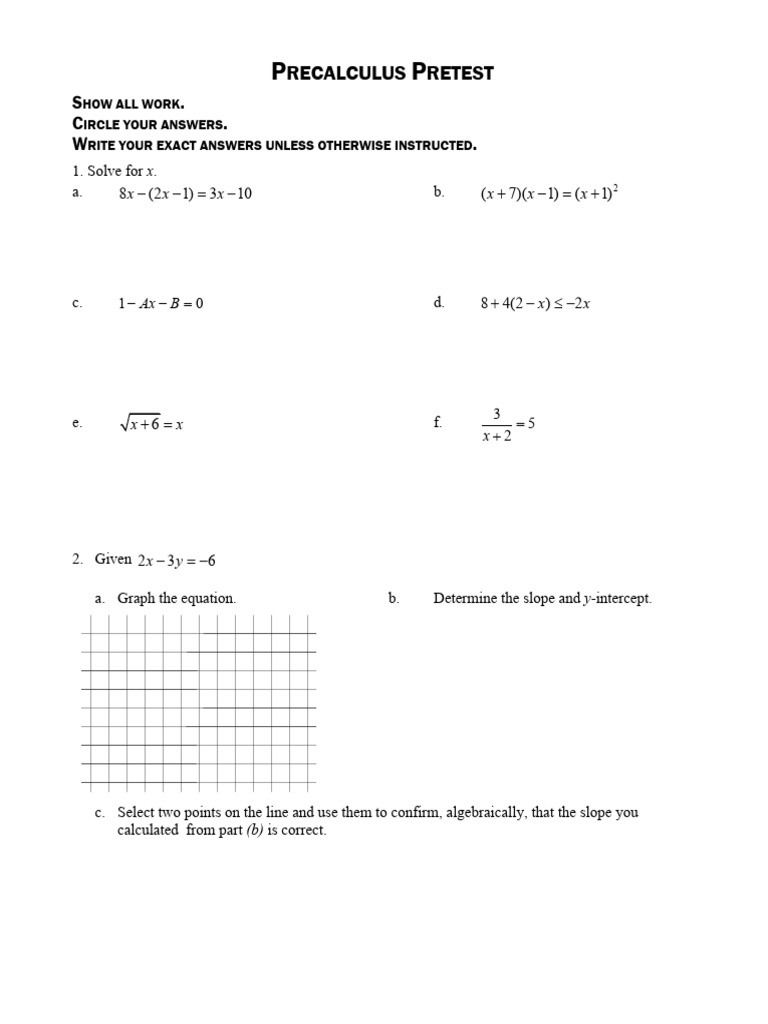 Precalculus Pretest | PDF | Quadratic Equation | Equations