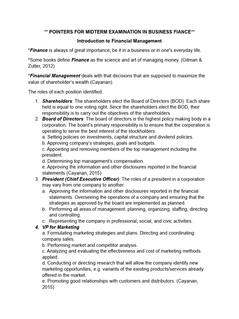Pointers For Midterm Examination in Business Fiance | PDF | Board Of Directors | Marketing