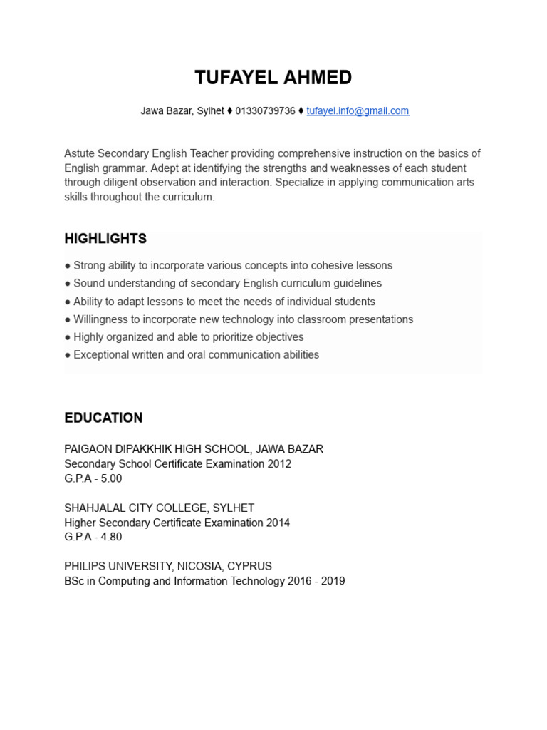 English Teacher Profile: Tufayel Ahmed | PDF | Career & Growth ...
