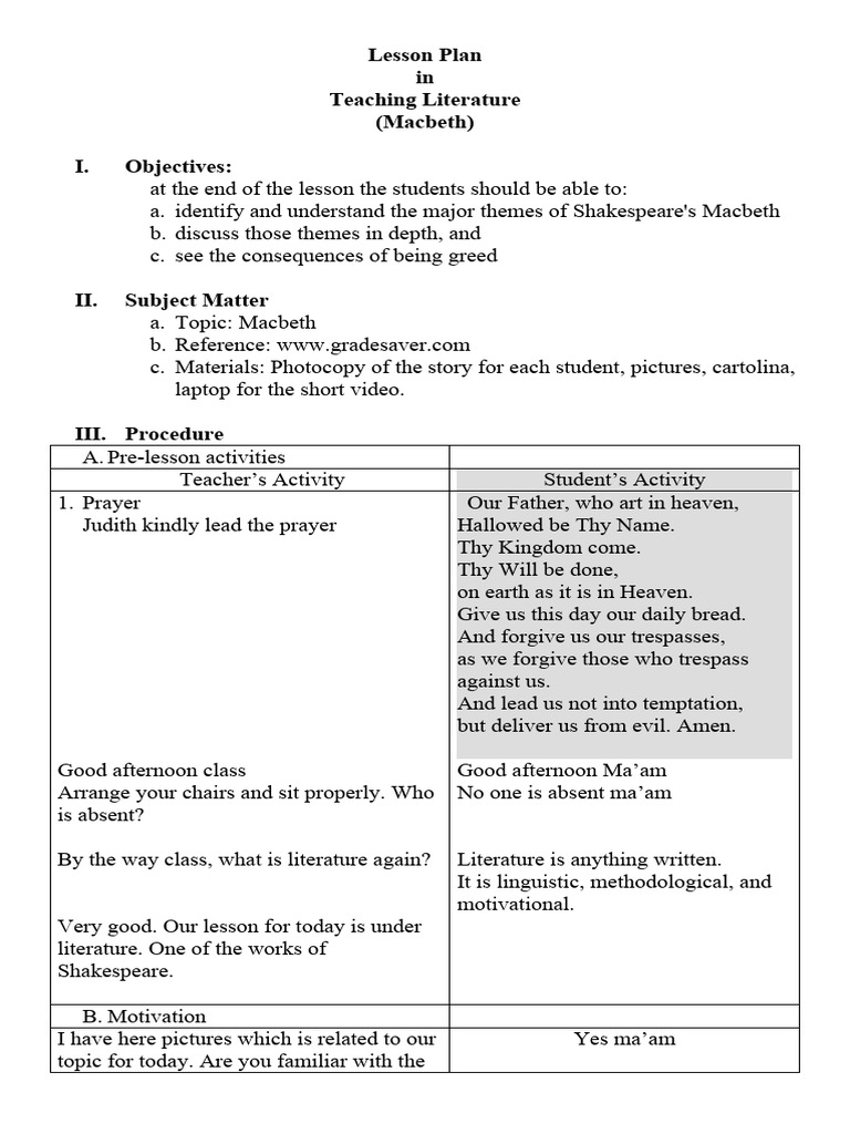 Macbeth Literature Lesson Plan | PDF | Macbeth | William Shakespeare