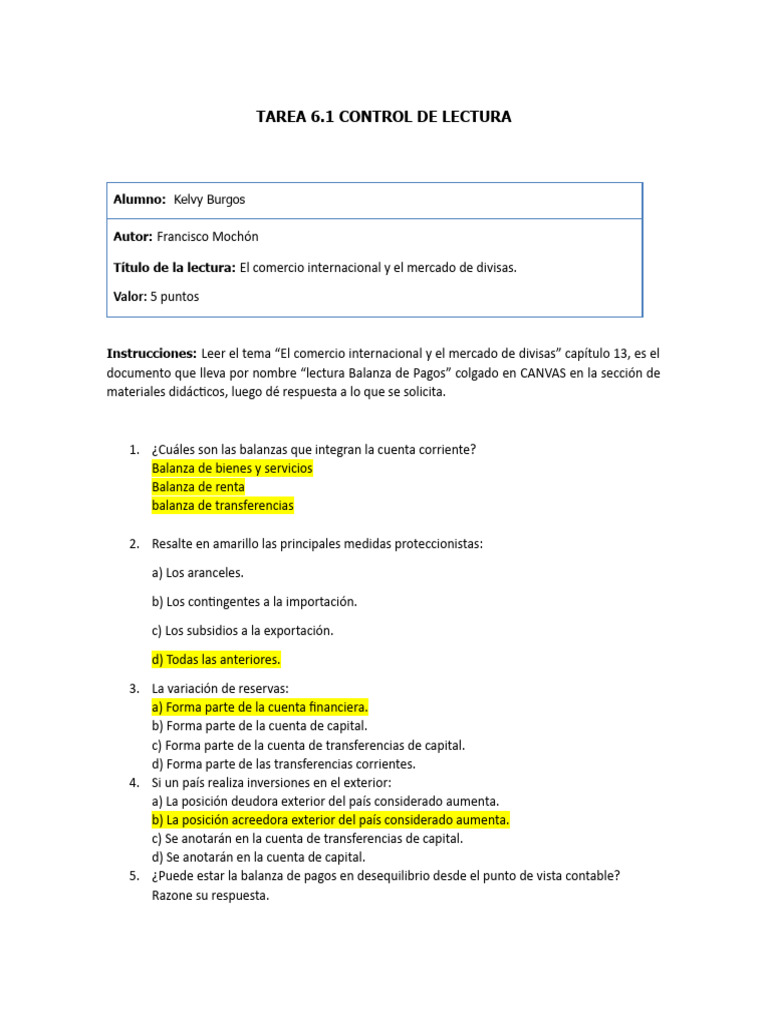 Control de lectura Balanza de pagos | PDF | Balance de pagos | Comercio