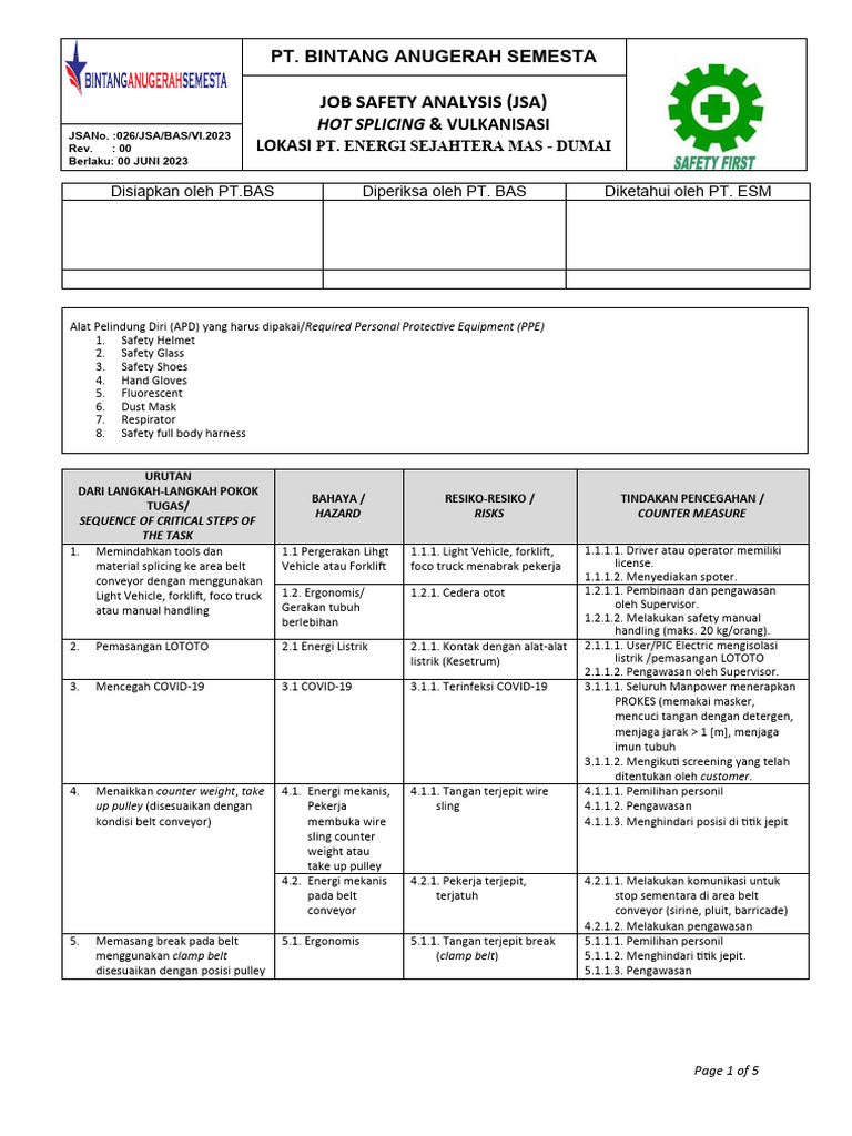 02.JSA Hot Splicing & Vulkanisasi - ESM | PDF