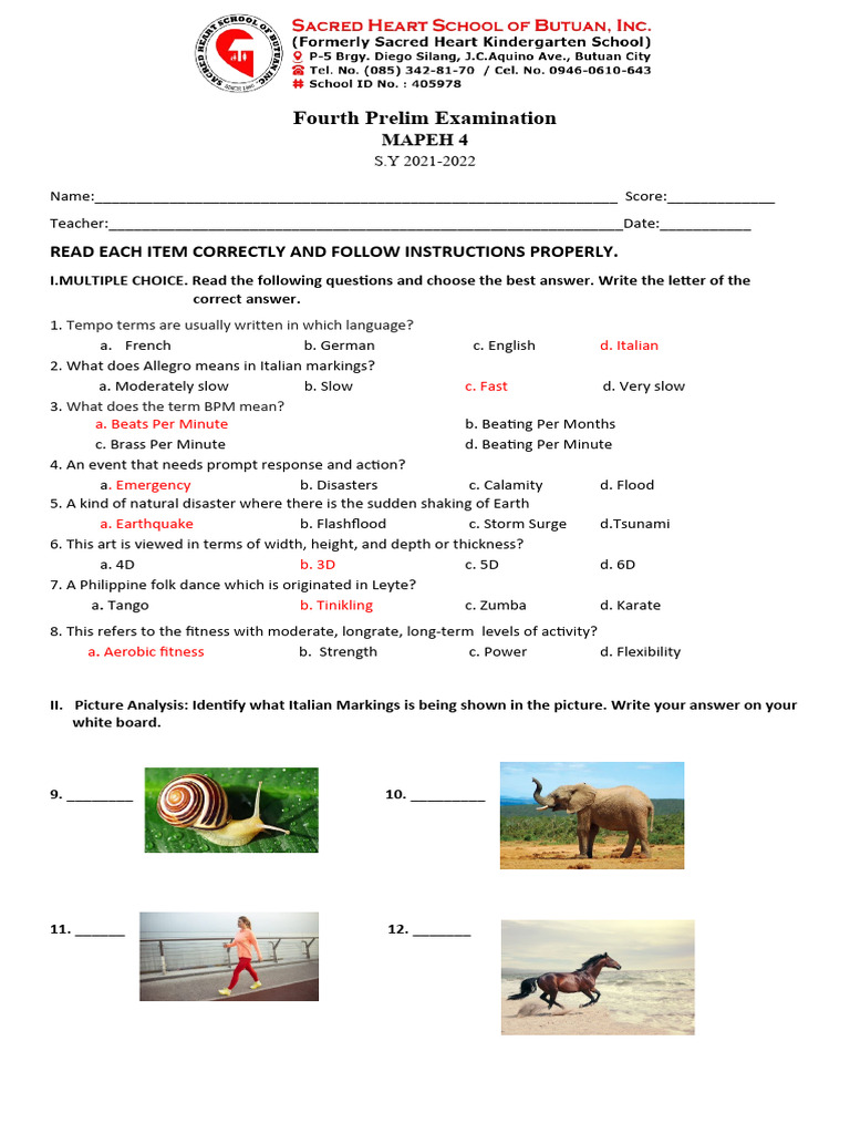 Grade 4 MAPEH Prelim Exam 2021-2022 | PDF | Tempo | Mood (Psychology)