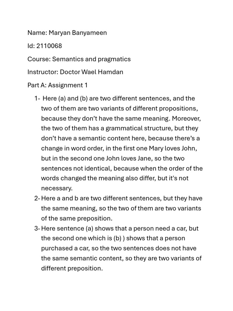 Assignment (Semantics and Pragmatics) | PDF | Proposition | Truth