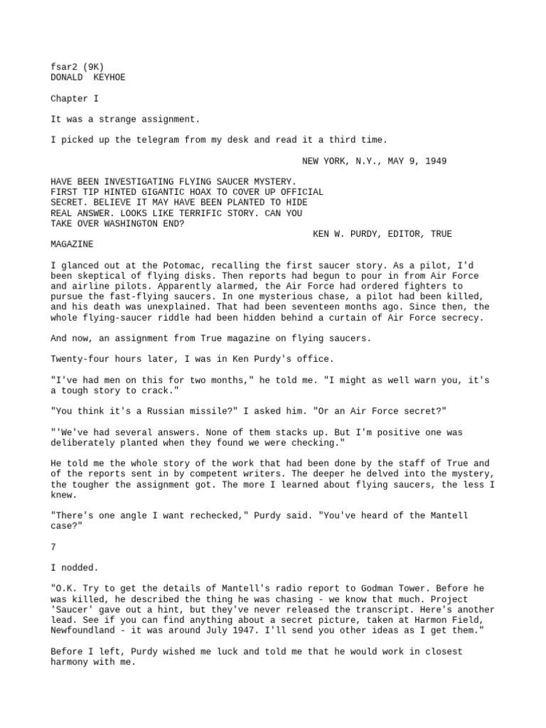 UFO Investigation: Keyhoe's 1949 Assignment | PDF | Unidentified Flying ...
