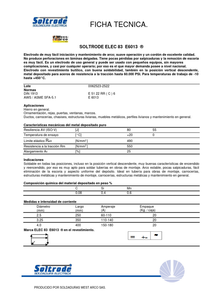Ficha Tecnica Soldadura 6013 1) 8 y 3) 32. | PDF | Soldadura | Construcción