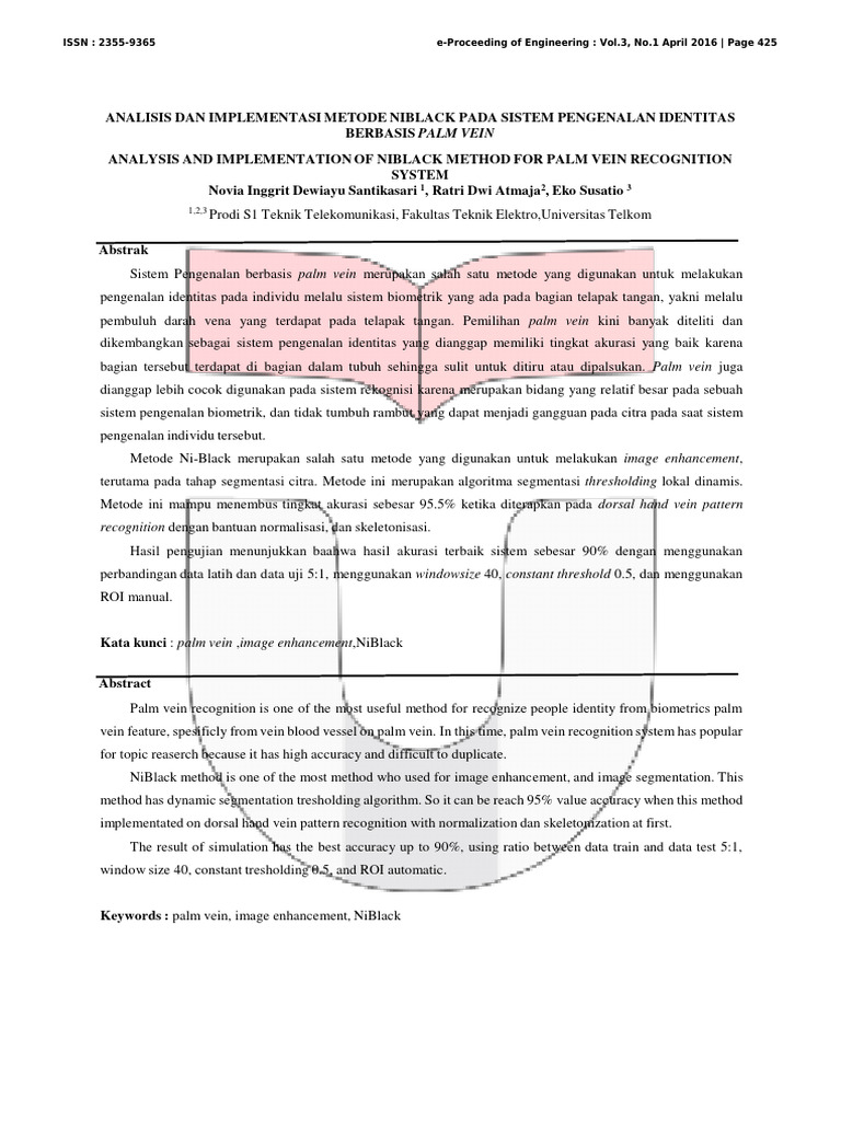 Analisis Dan Implementasi Metode Niblack Pada Sistem Pengenalan Identitas Berbasis Palm Vein | PDF