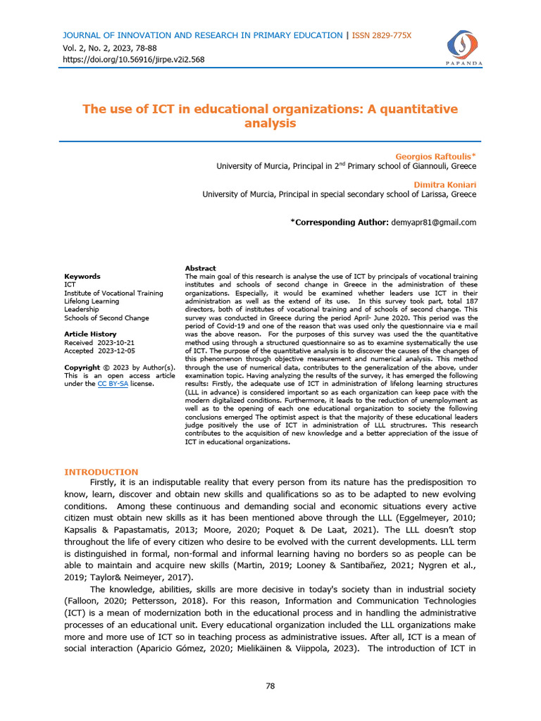 The Use of ICT in Educational Organizations A Quan | PDF | Survey Methodology | Educational ...