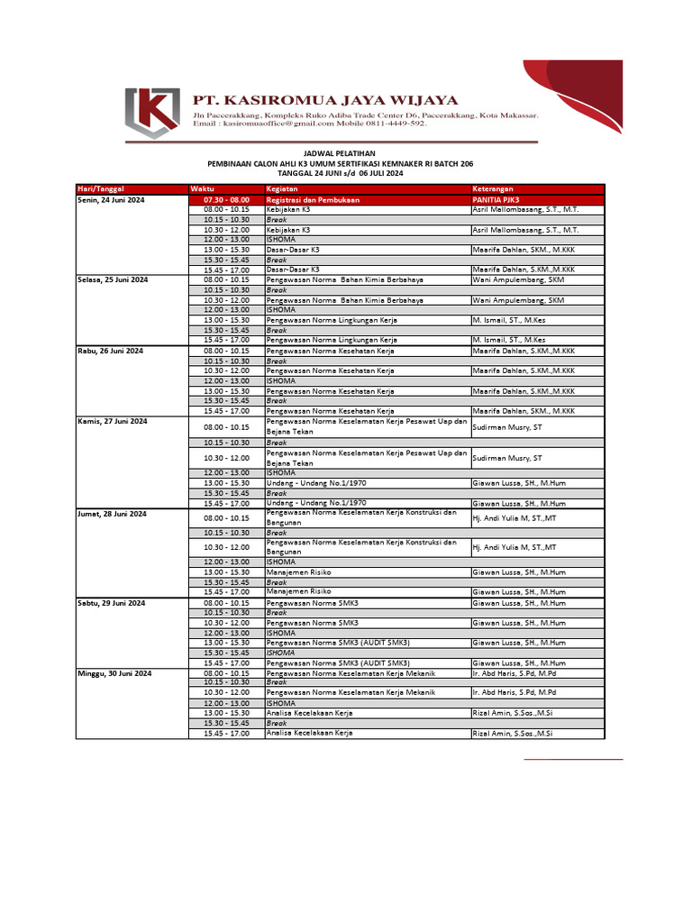 Jadwal Batch 206 Pelatihan Ak3u 2024 | PDF