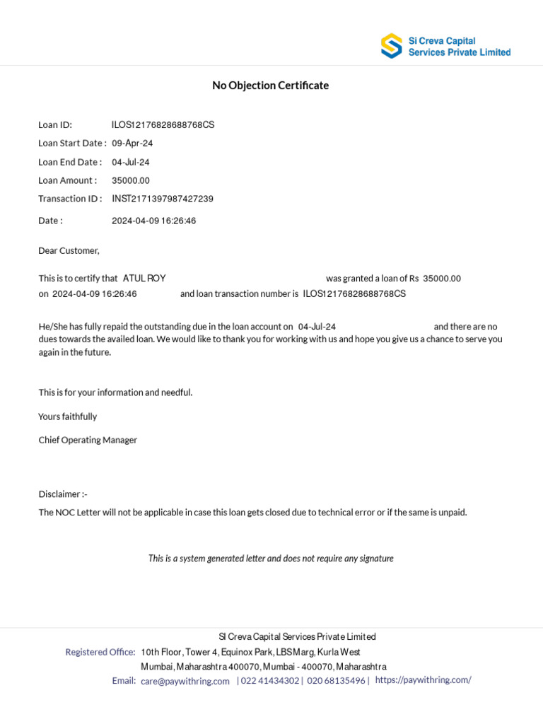 Noc Letter ILOS12176828688768CS | PDF | Business