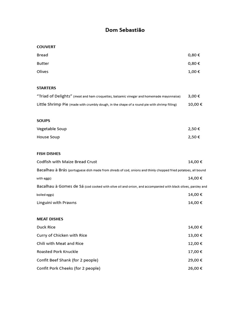 Ementa Dom Sebastião em Inglês | PDF | Cooking | Cuisine