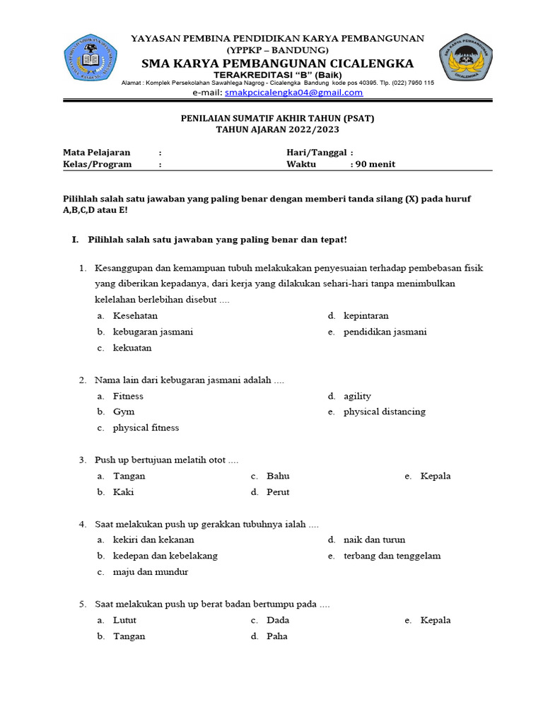 SOAL PAT PJOK KELAS 10 Semester Genap | PDF | Pengembangan Diri | Sains & Matematika