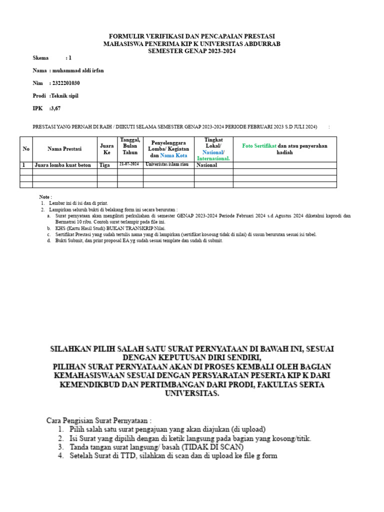 Form Pencapaian Prestasi Mahasiswa Kip K | PDF | Karier & Perkembangan ...
