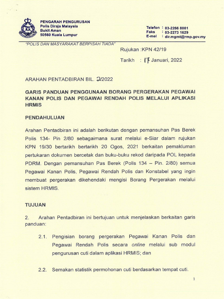 Arahan Pentadbiran Bil. 2 Tahun 2022 (Borang Pergerakan PKP Dan PRP | PDF