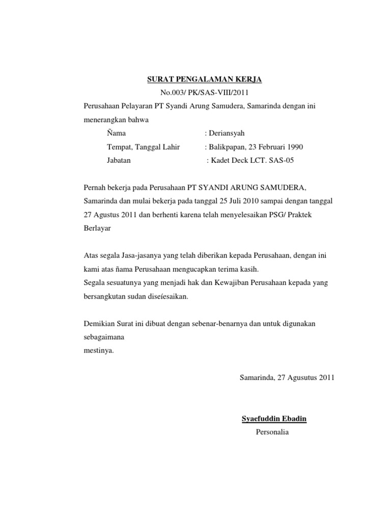 Surat Pengalaman Kerja Deriansyah | PDF