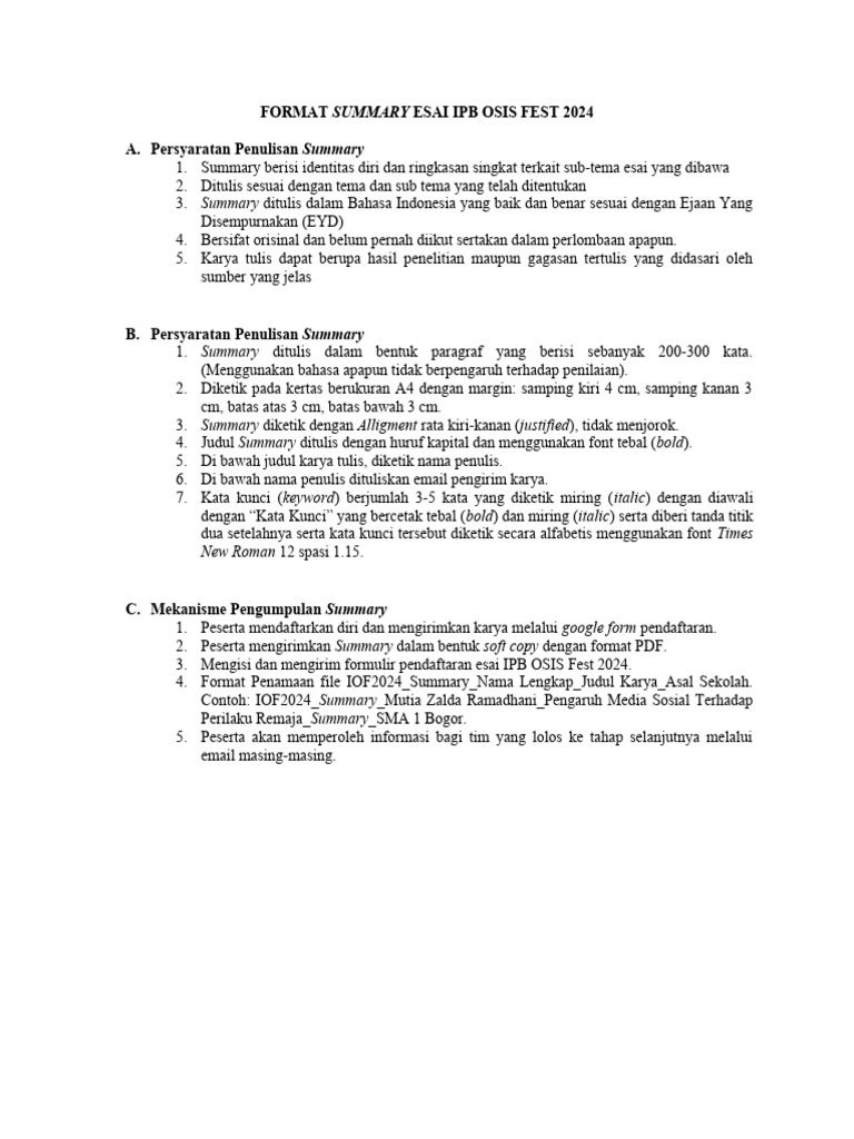 Format Summary Esai Ipb Osis Fest 2024 | PDF | Karier & Perkembangan ...