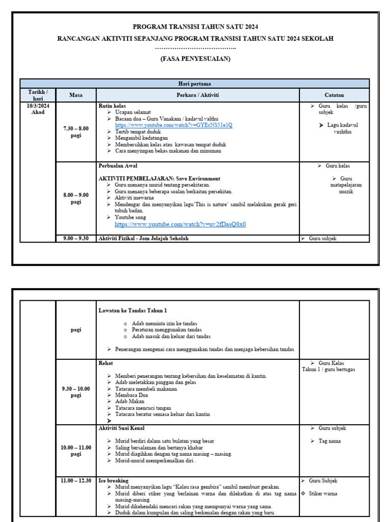 Jadual Program Transisi Tahun Satu | PDF