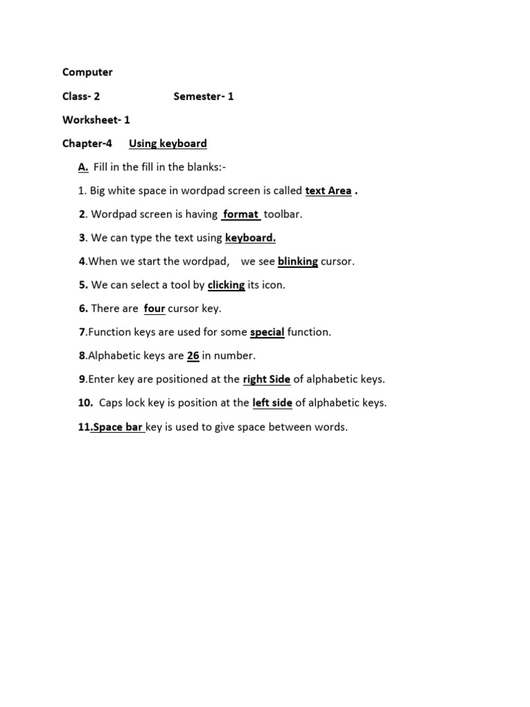 2 Std. 1st Semester Worksheet 1 | PDF | Computer Keyboard | Cursor (User Interface)