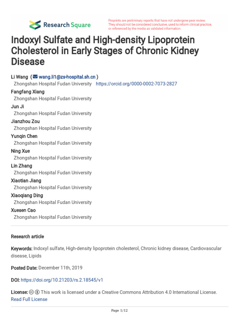 Indoxyl Sulfate and High-Density Lipoprotein Cholesterol in Early ...