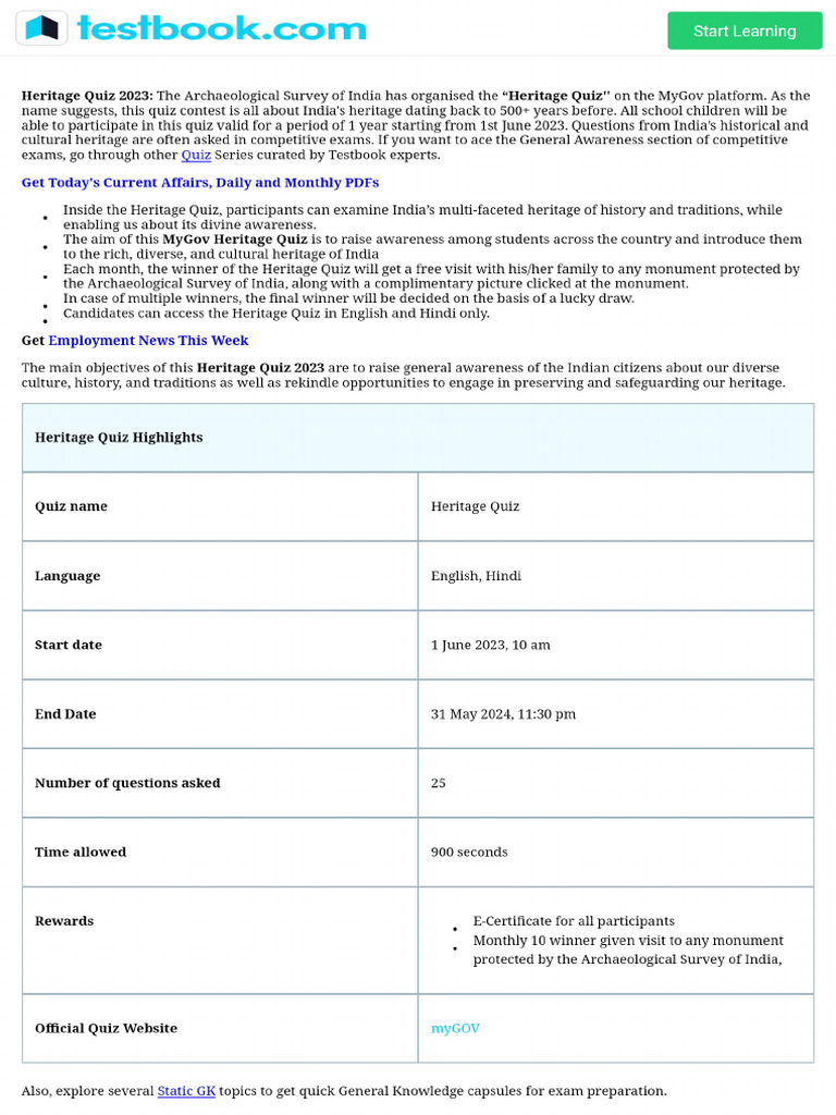 Heritage Quiz Contest - Check 25 Questions With Answers Now! | PDF