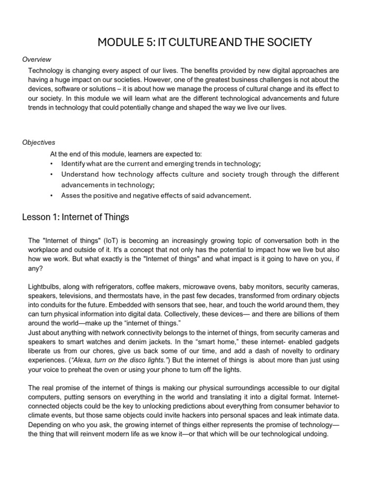 Lesson 5 It Culture and The Society | PDF | Internet Of Things ...