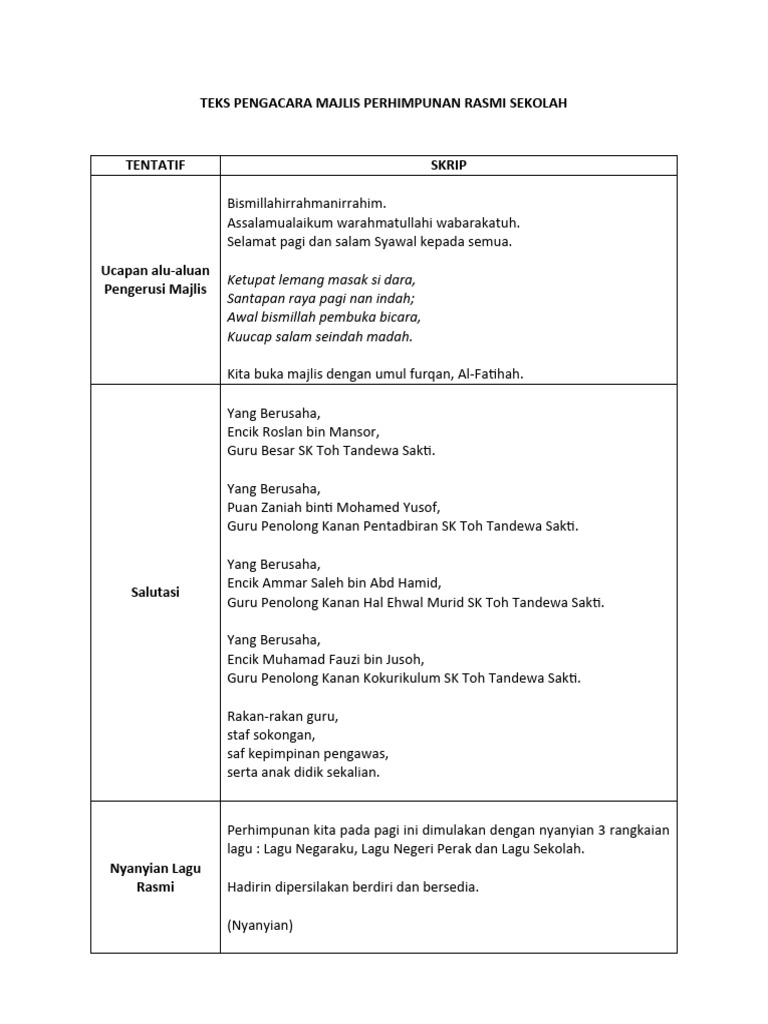Teks Pengacara Majlis Perhimpunan Rasmi Sekolah | PDF