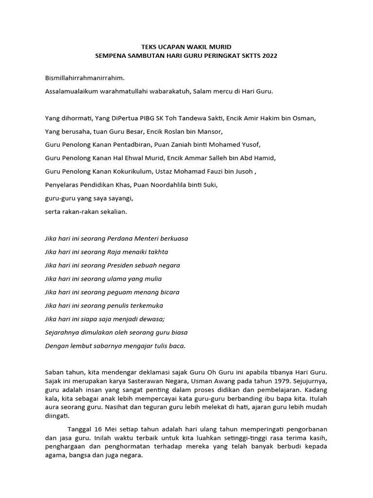 Teks Ucapan Wakil Murid - (Hari Guru) | PDF