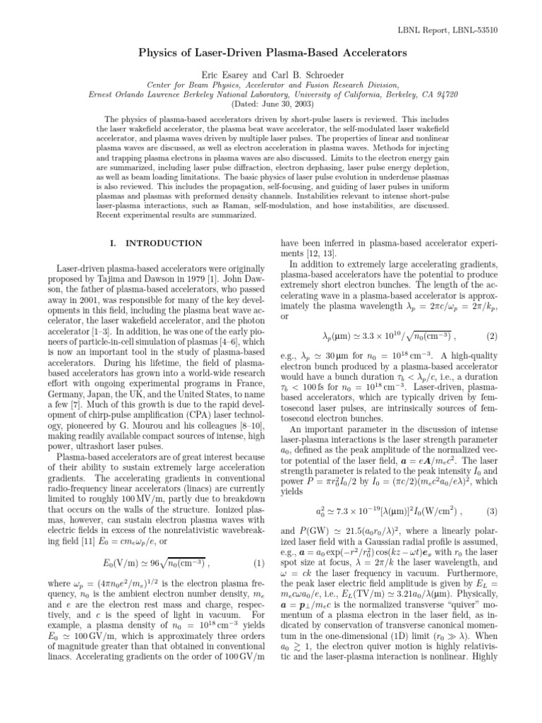 Physics of Laser-Driven Plasma-Based Accelerators | PDF | Particle Accelerator | Waves