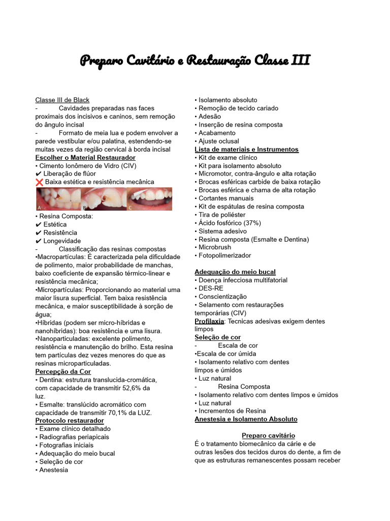 Resumo Preparo Cavitário e Restauração Classe III | PDF | Anatomia ...