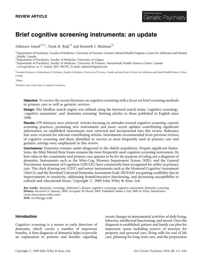 Brief Cognitive Screening Instruments - An Update | PDF | Dementia ...