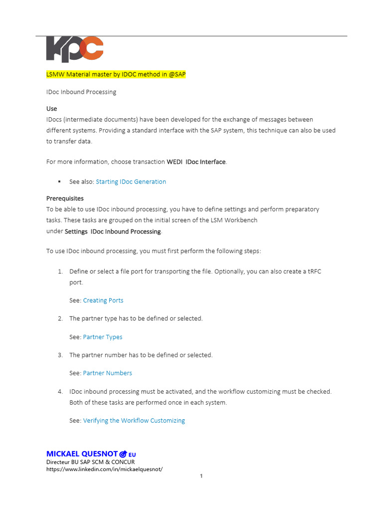 Gu Sap Ecc Lsmw Material Master By Idoc Method Pdf Version Control Computer File 9287