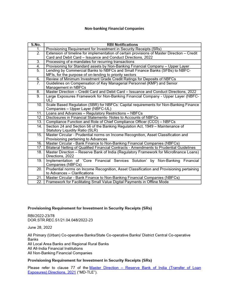 NBFC RBI Circulars Jan'22-Jun'22 | PDF | Reserve Bank Of India | Service Industries