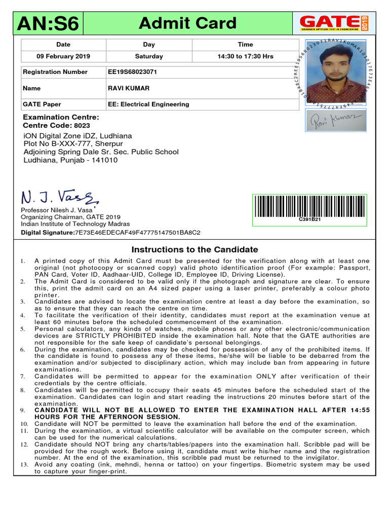 C391 B21 Admit Card | PDF | Identity Document | Access Control