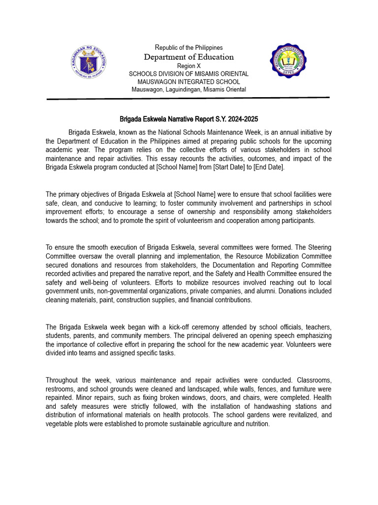 Brigada Eskwela Narrative Report 2024-2025 | PDF | Volunteering