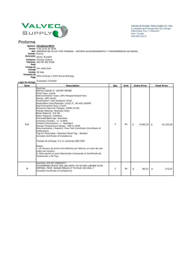 Proforma de Medidores de Flujo Diesel | PDF