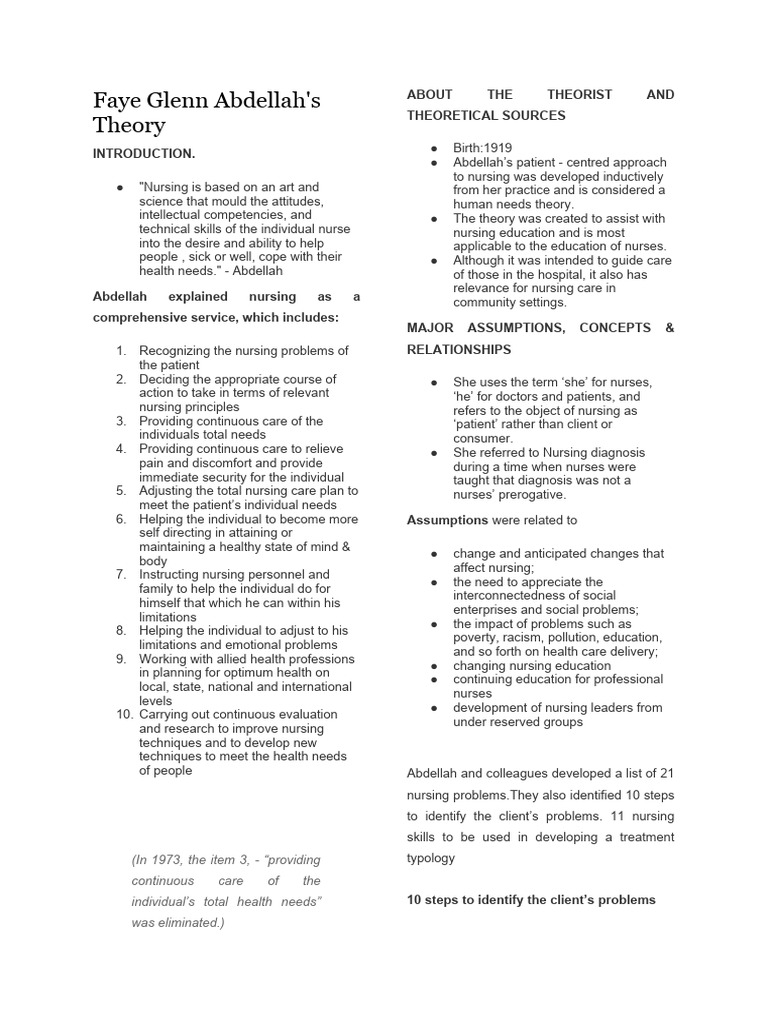 Faye Glenn Abdellah's Theory | PDF | Nursing | Theory