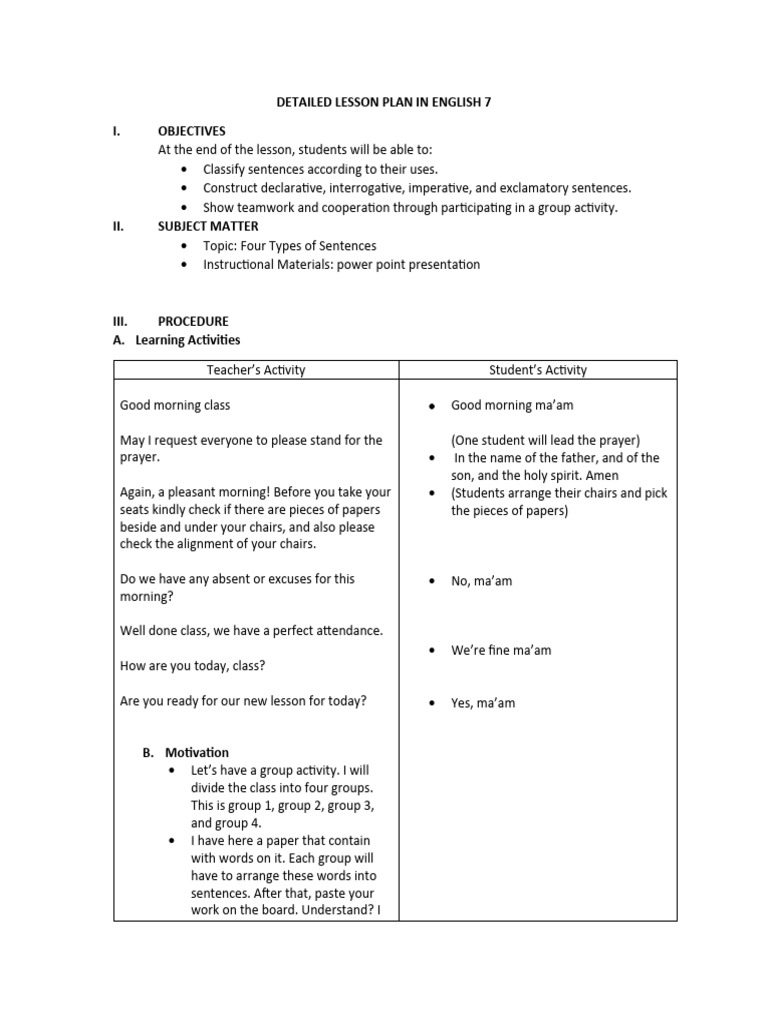 Detailed Lesson Plan in English | PDF | Question | Sentence (Linguistics)