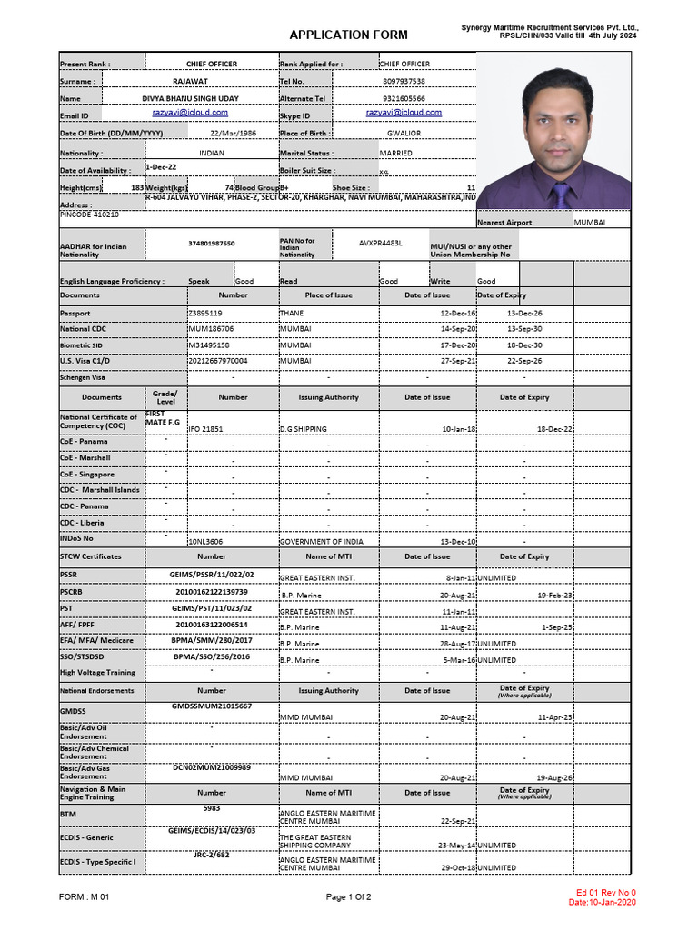 M-01 Application Form for Chief Officer | PDF | Oil Tanker