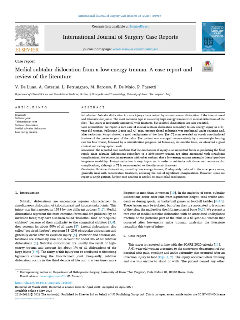 Medial Subtalar Dislocation From A Low Energy Trau Pdf Ankle Foot