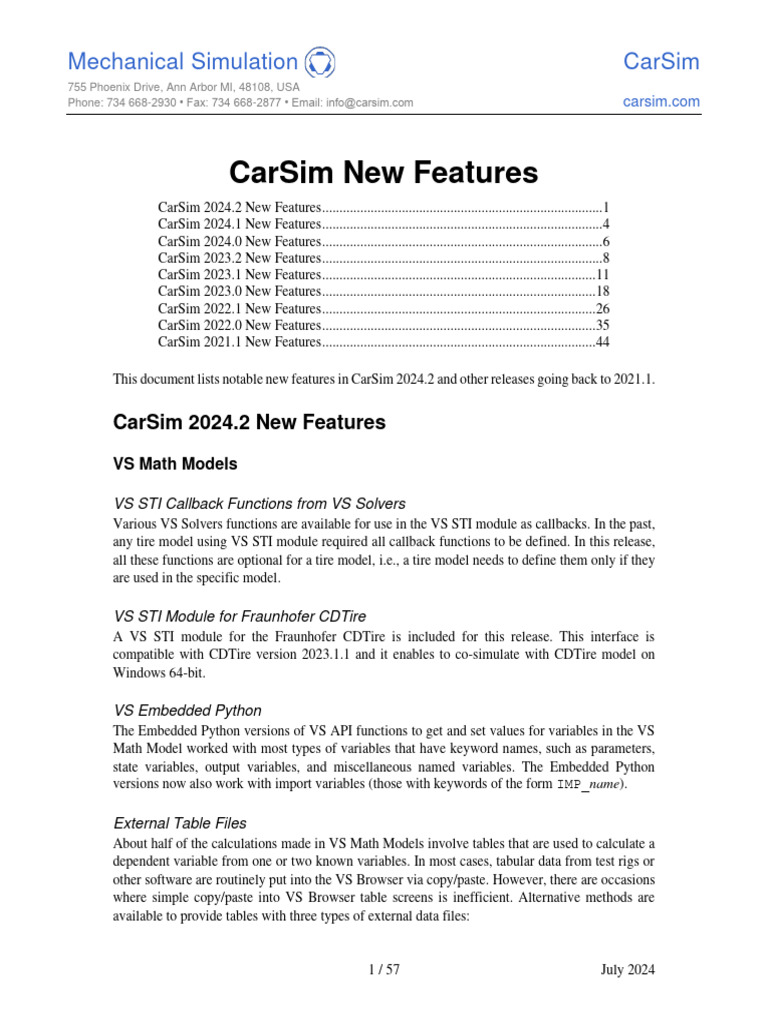 CarSim 2024.2 Features Overview | PDF | Parameter (Computer Programming) | Steering