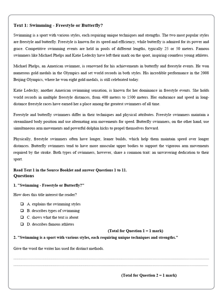 Reading Comprehension - V+ VI | PDF | Swimming (Sport) | Swimming