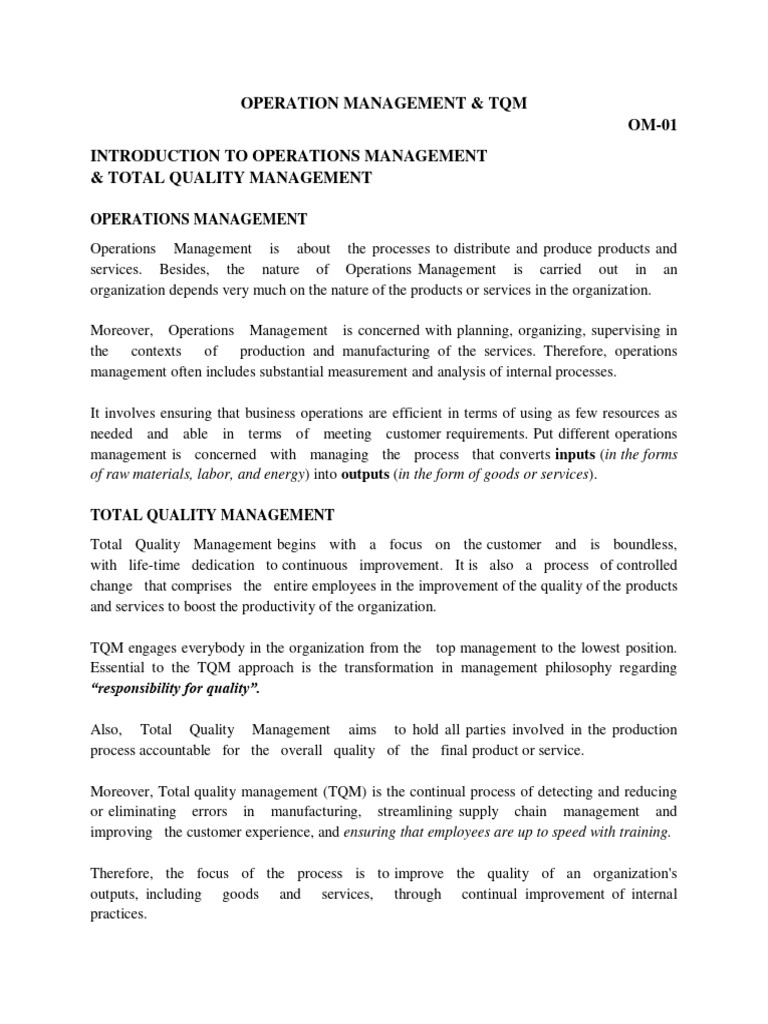 OM-01 Introduction To Operations Management | PDF | Operations Management | Quality Management