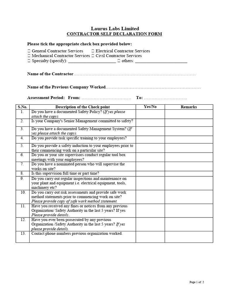 Contractor Self Declaration Form | PDF | Safety