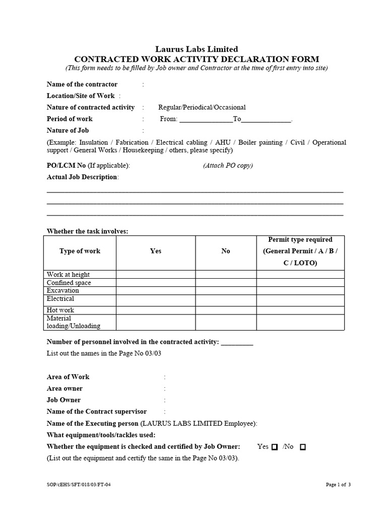 Contracted Work Activity Declaration Form | PDF
