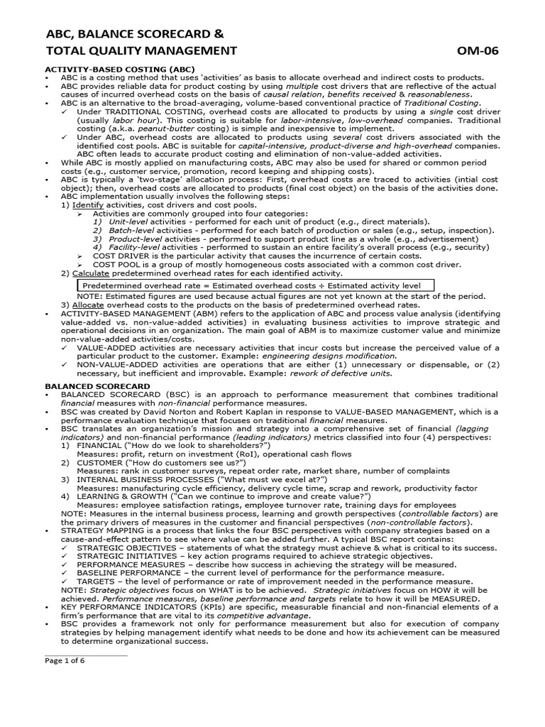 OM-06 ABC, Balanced Scorecard and TQM | PDF | Strategic Management ...
