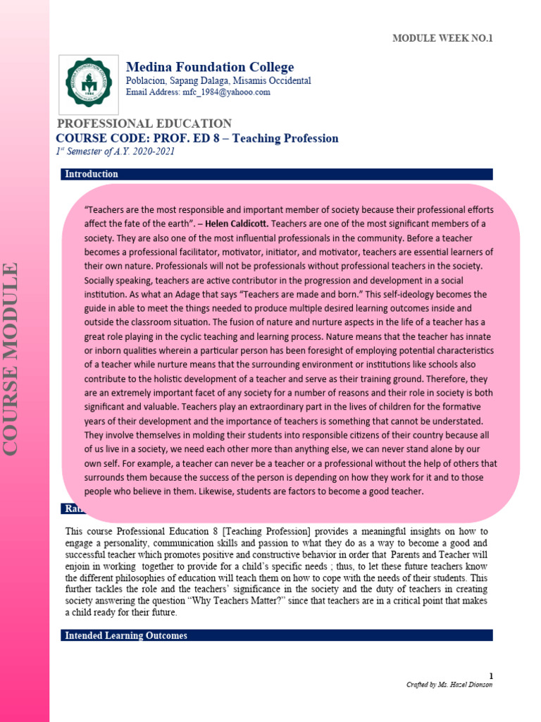 Teaching Profession Course Overview | PDF | Philosophy Of Education ...