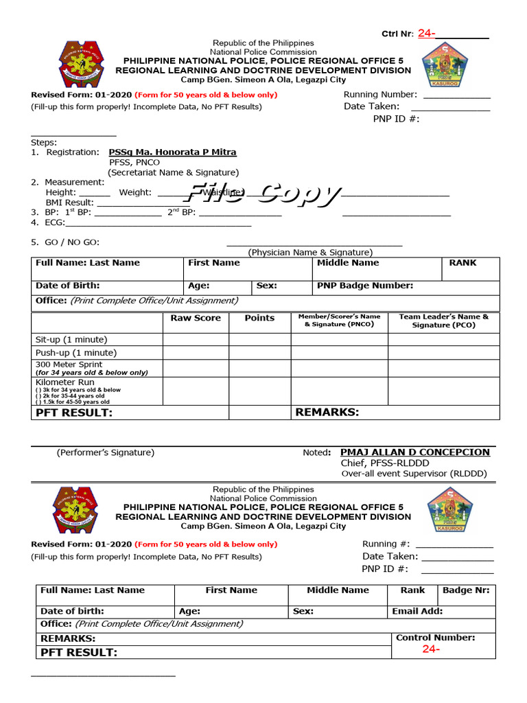 PFT Form 01-2020 (Form For 50 Years Old & Below Only | PDF | Government ...