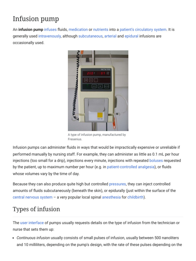 Infusion Pump - Wikipedia | PDF | Medical Treatments | Medical Specialties